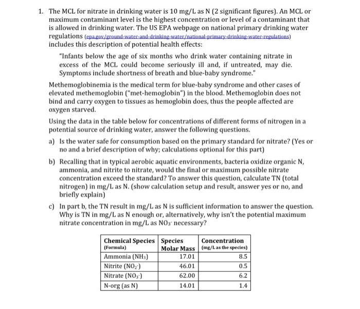 Solved 1. The MCL for nitrate in drinking water is 10 mg/L | Chegg.com