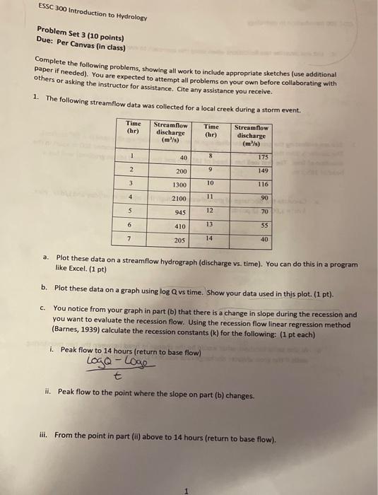 Solved ESSC 300 introduction to Hydrology Problem Set 3 ( 10 | Chegg.com