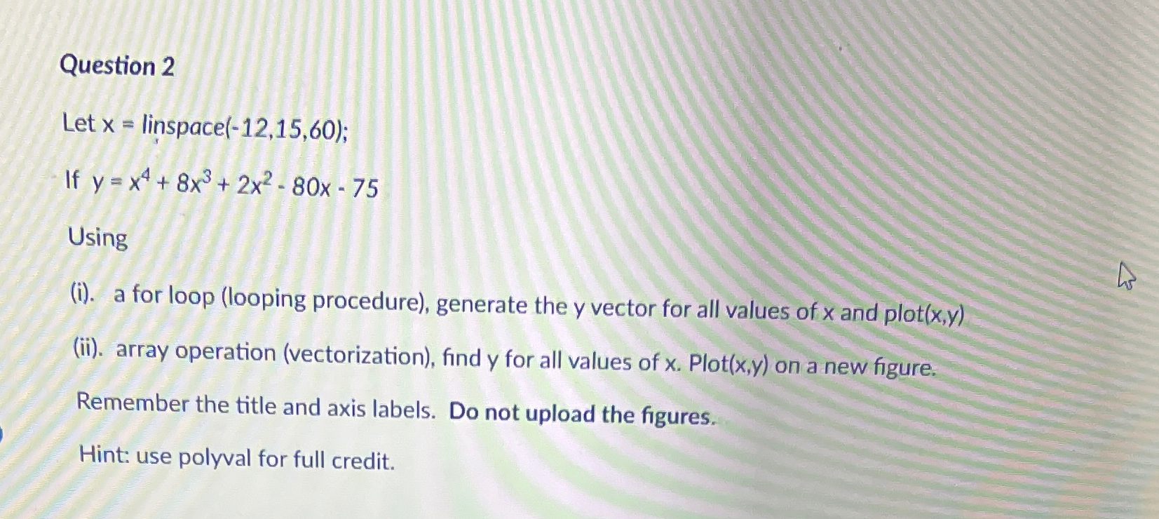 Solved Question 2Let x= ﻿linspace( -12,15,60;If | Chegg.com