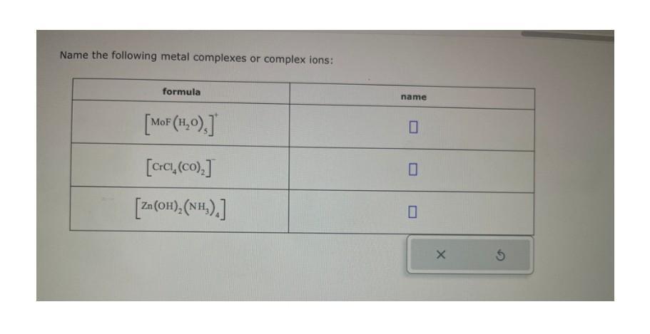 Name the following metal complexes or complex ions: | Chegg.com