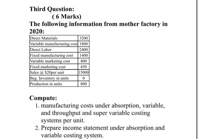 Solved Third Question: ( 6 Marks) The following information | Chegg.com