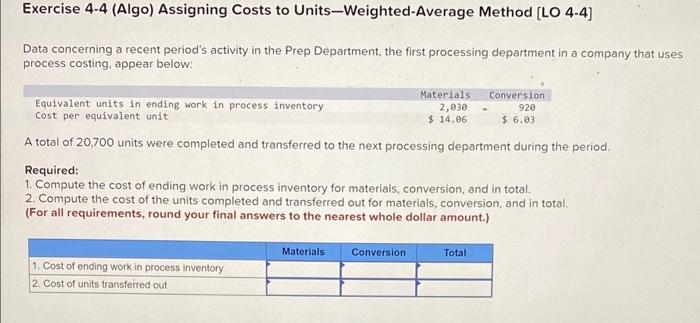 Solved Exercise 4-4 (Algo) Assigning Costs to | Chegg.com