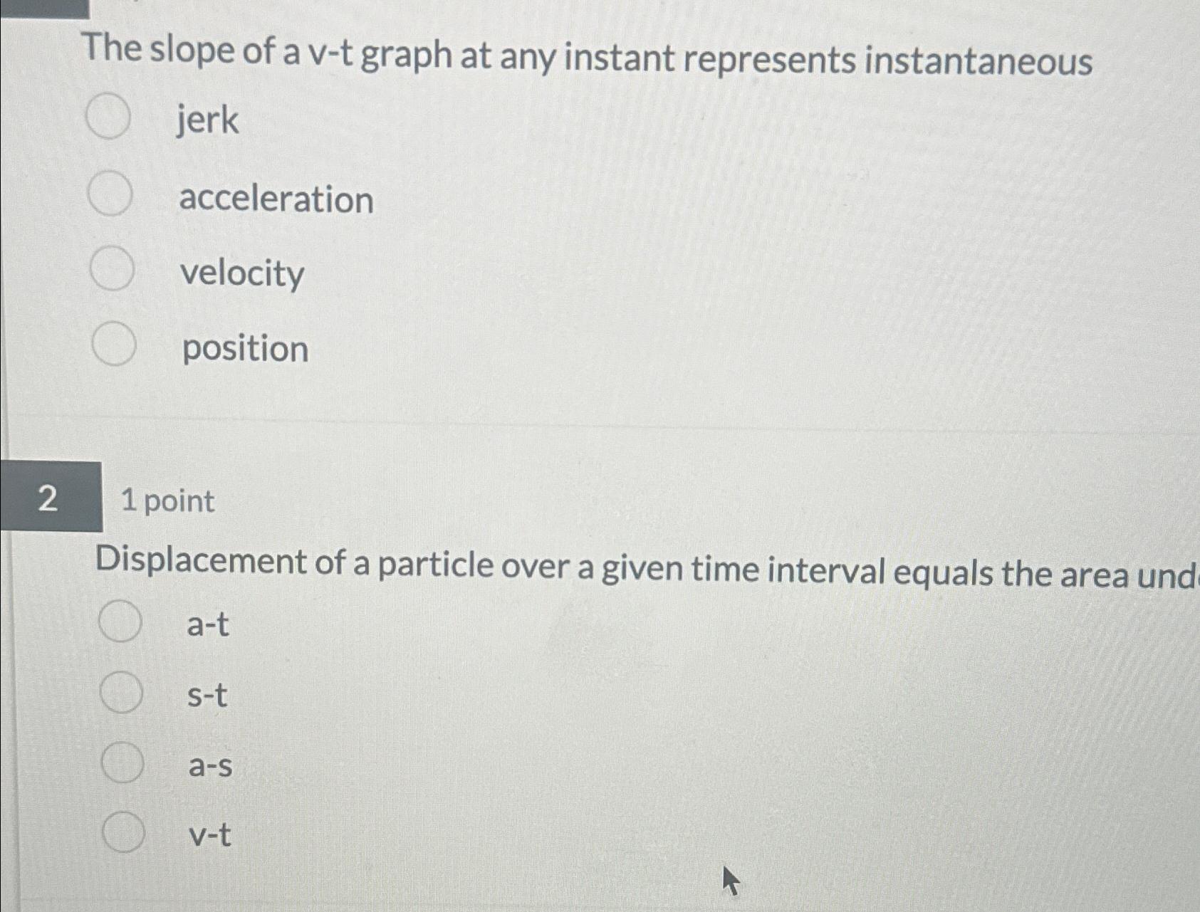 Solved The slope of a v - t ﻿graph at any instant represents | Chegg.com