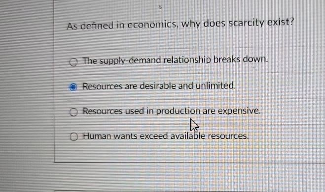 Solved As defined in economics, why does scarcity exist?The | Chegg.com