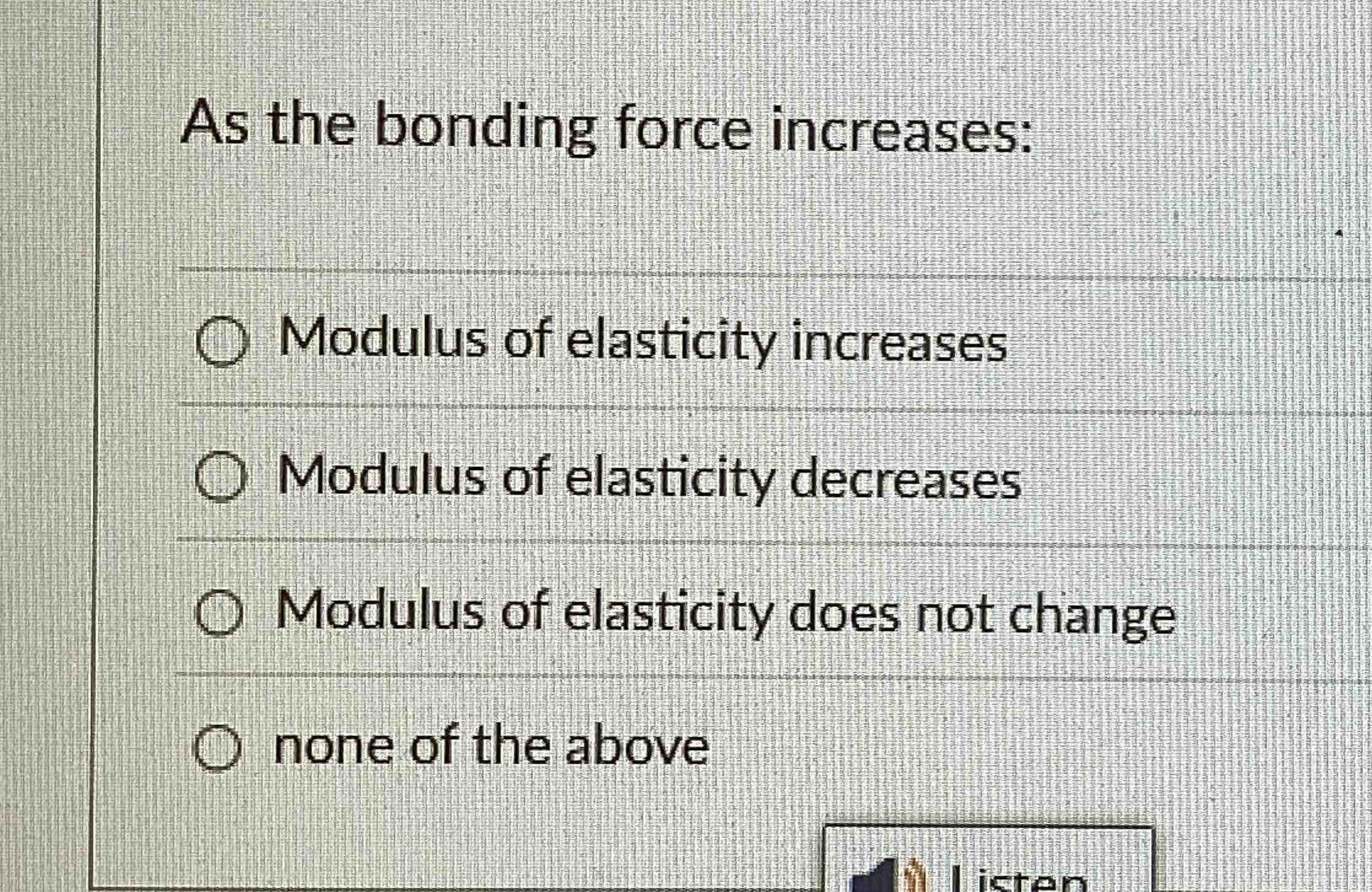 Solved As the bonding force increases:Modulus of elasticity | Chegg.com