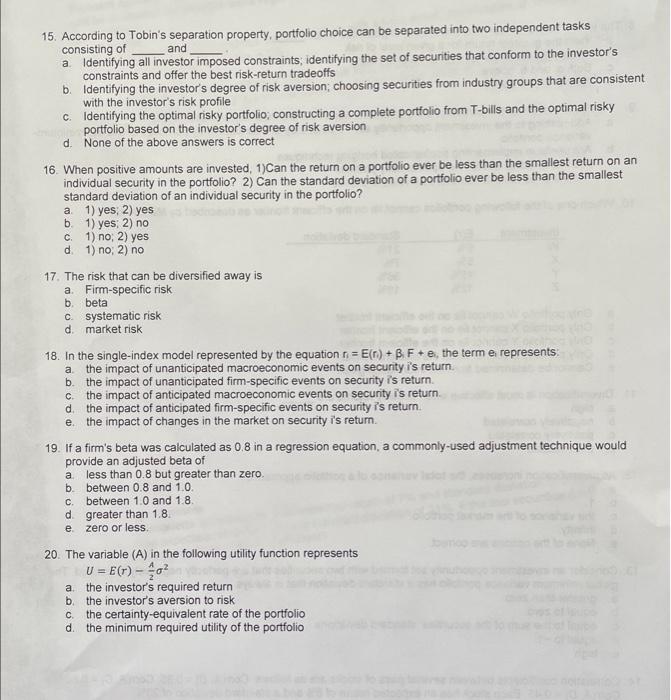 Solved 15. According to Tobin's separation property, | Chegg.com