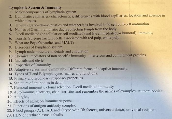 Solved Lymphatic System & Immunity 1. Major components of | Chegg.com