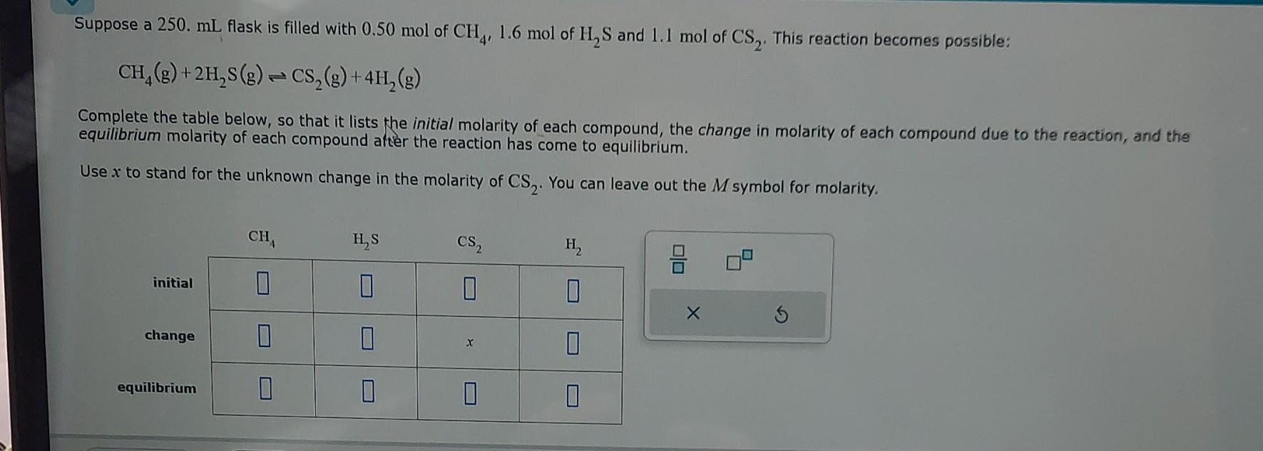 Solved CH4( g)+2H2 S( g)⇌CS2( g)+4H2( g) Complete the table | Chegg.com