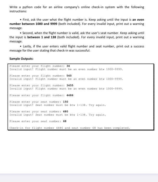 Solved Write a python code for an airline company's online | Chegg.com
