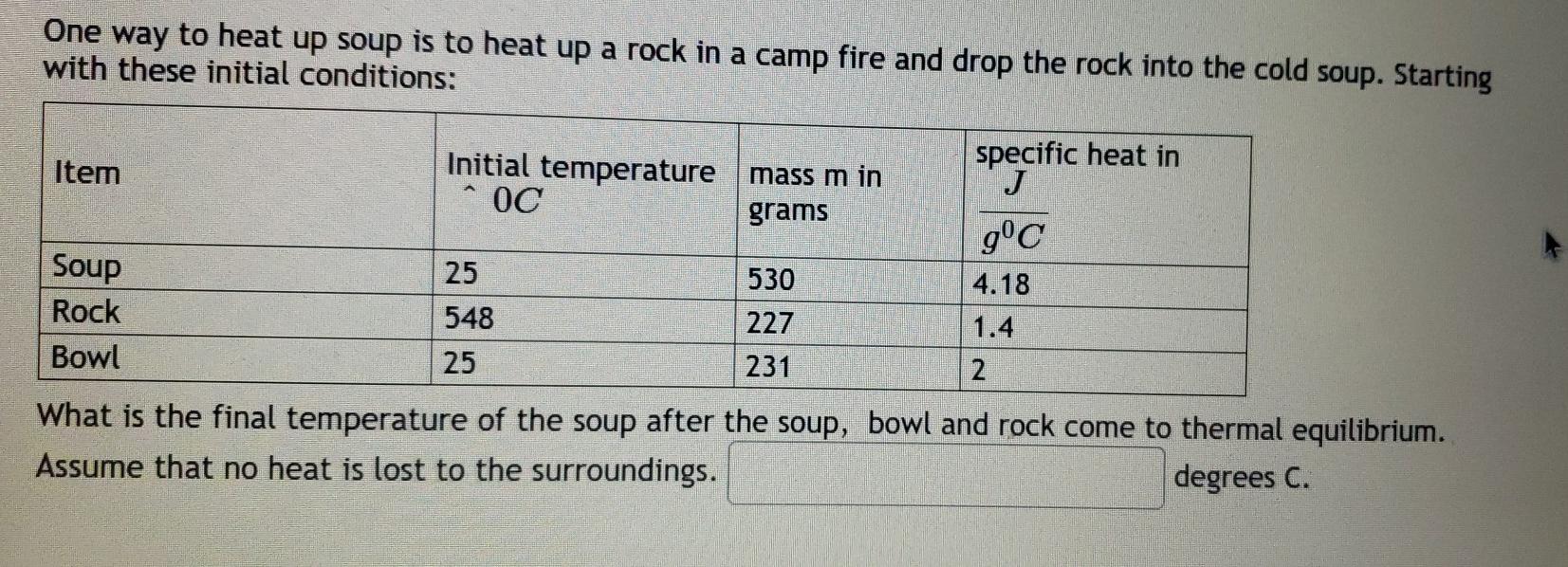 Solved One way to heat up soup is to heat up a rock in a | Chegg.com