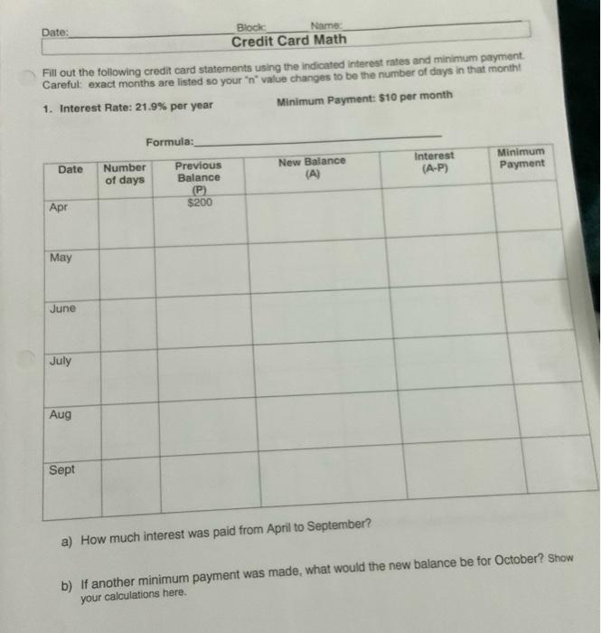 Solved Date: Block Name Credit Card Math Fill out the | Chegg.com