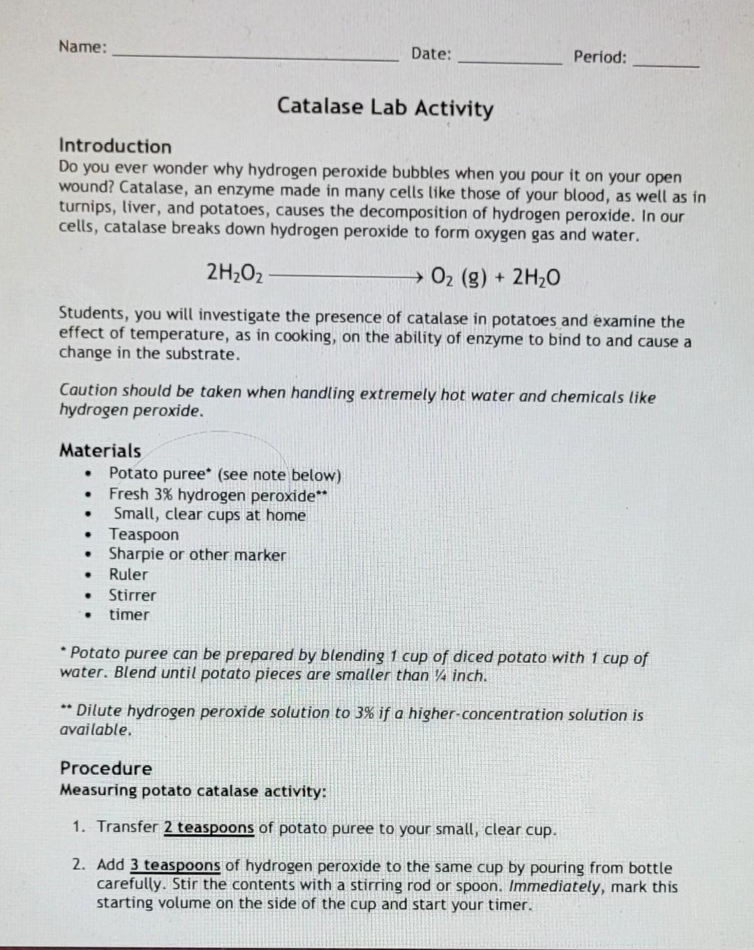 Solved Catalase Lab Activity Introduction Do you ever wonder | Chegg.com
