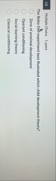 Solved Multiple Choice 1 ﻿pointThe Bobo Doil experiment best | Chegg.com