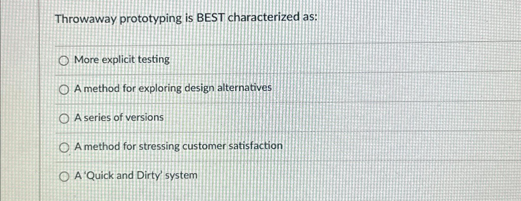 Solved Throwaway prototyping is BEST characterized as:More | Chegg.com
