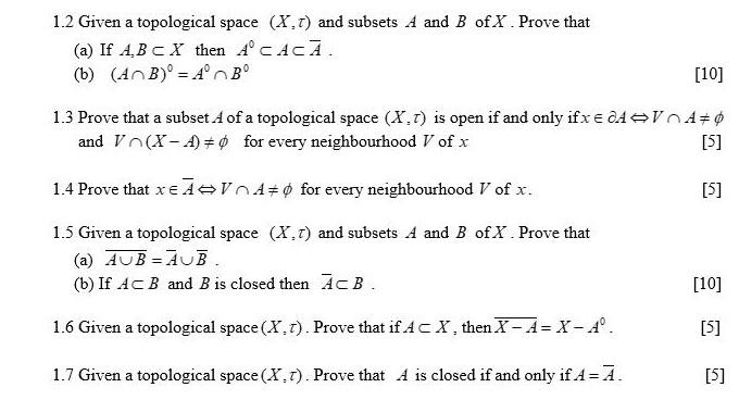Solved 1 2 Given A Topological Space X τ And Subsets A And