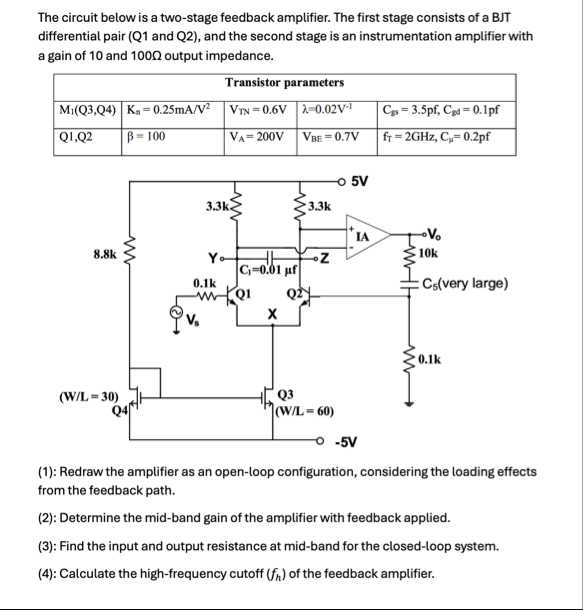 Solved The circuit below is a two-stage feedback amplifier. | Chegg.com