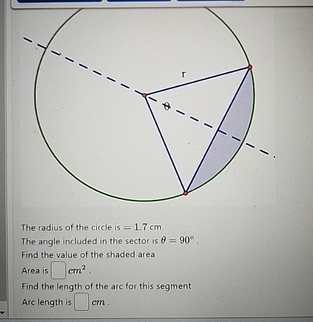 Solved The radius of the circle is =1.7cm.The angle included | Chegg.com
