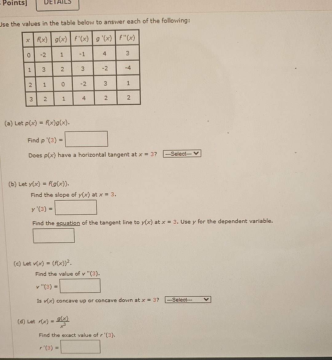 Solved Points]Jse the values in the table below to answer | Chegg.com