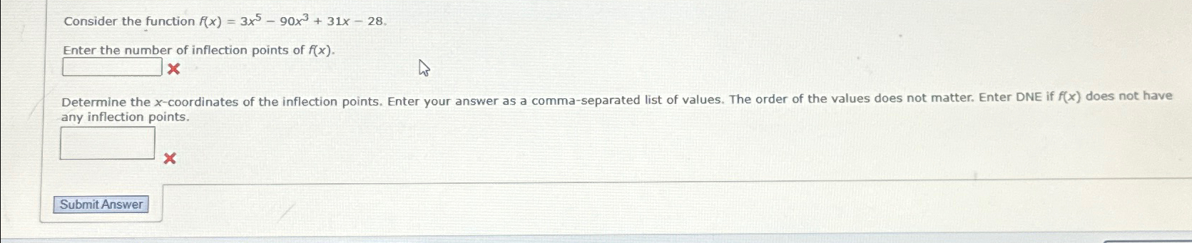 Solved Consider the function f(x)=3x5-90x3+31x-28Enter the | Chegg.com