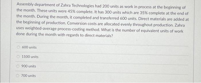 Solved Assembly department of Zahra Technologies had 200 | Chegg.com