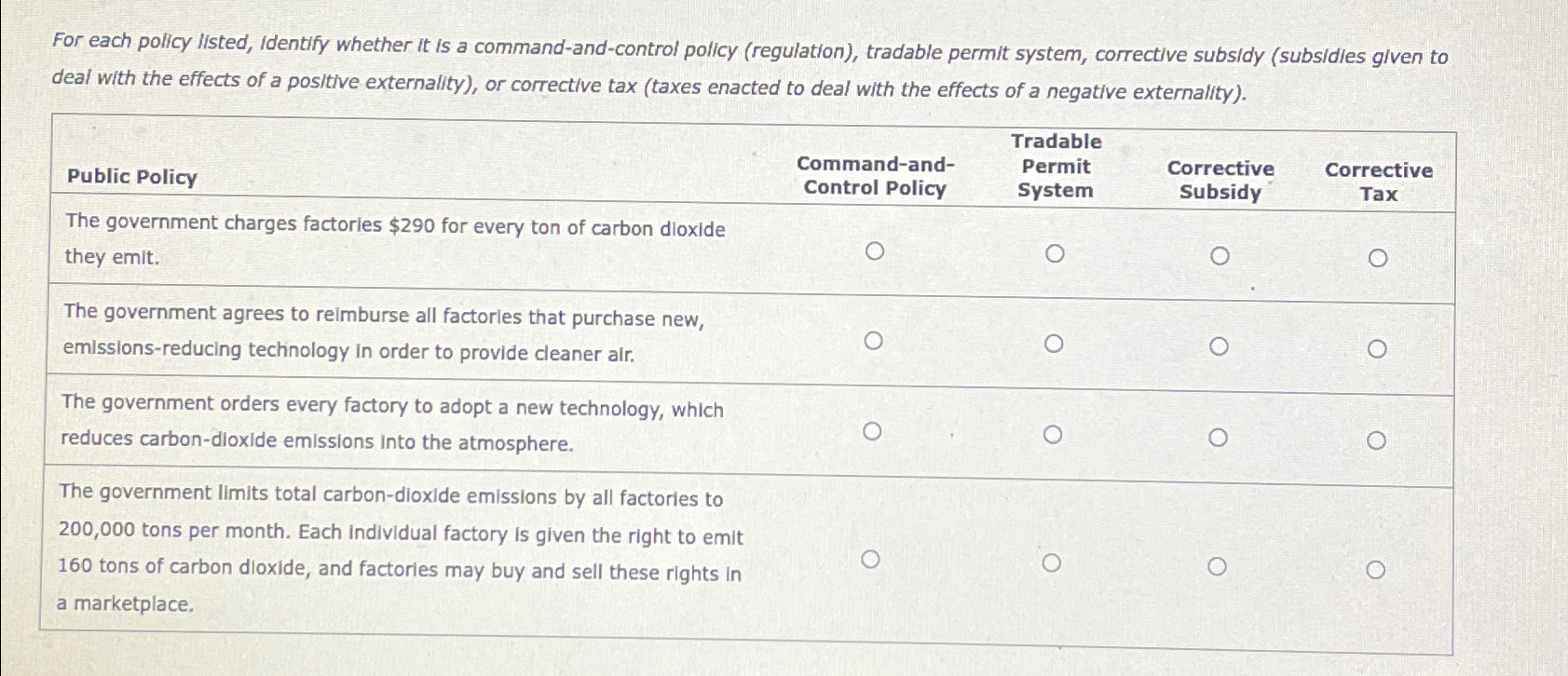 Solved For each policy listed, Identify whether it is a | Chegg.com