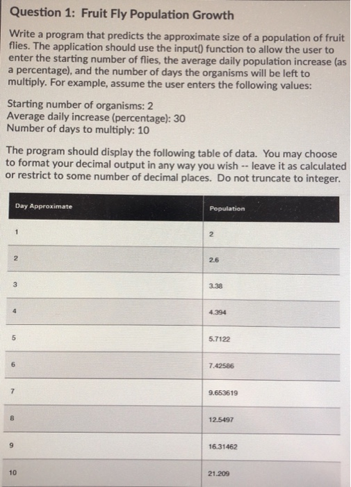 Solved Question 1: Fruit Fly Population Growth Write a | Chegg.com