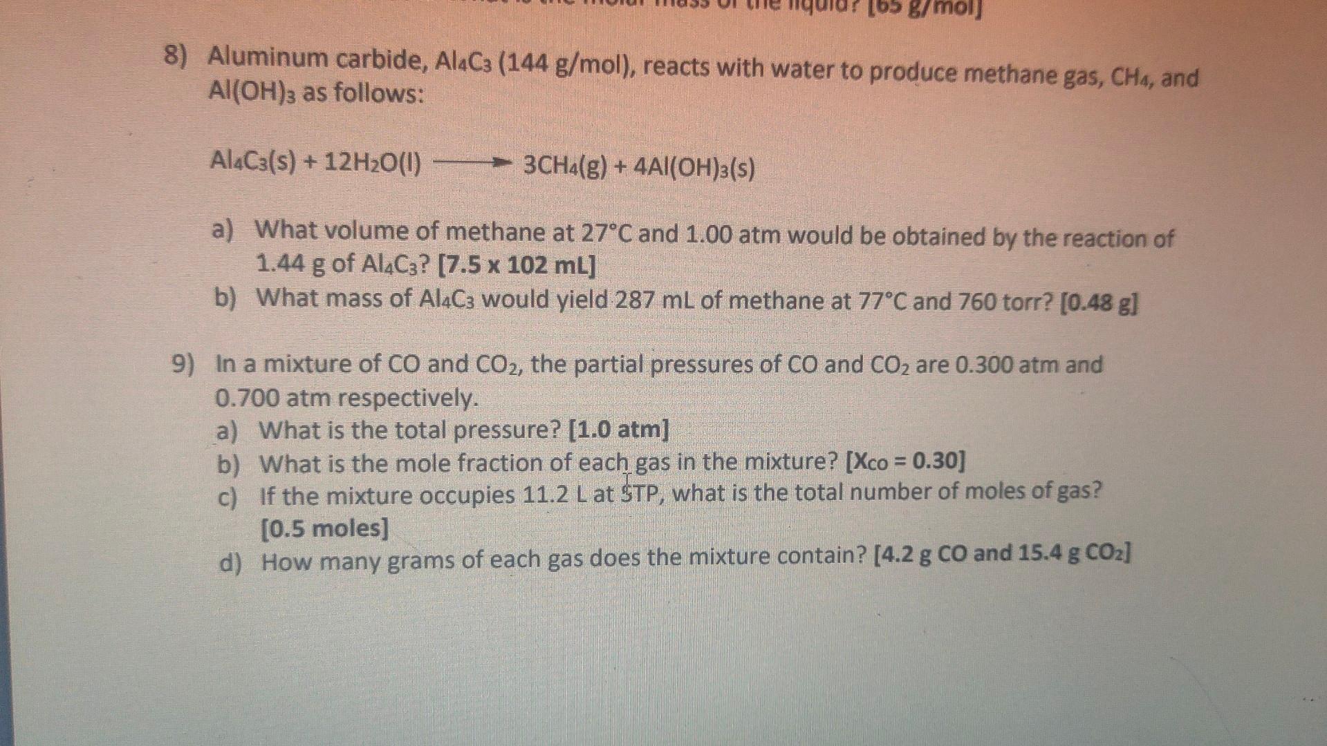 Solved 8) Aluminum carbide, Al4C3(144 g/mol), reacts with | Chegg.com