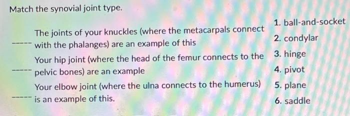 Solved Match the synovial joint type. The joints of your | Chegg.com