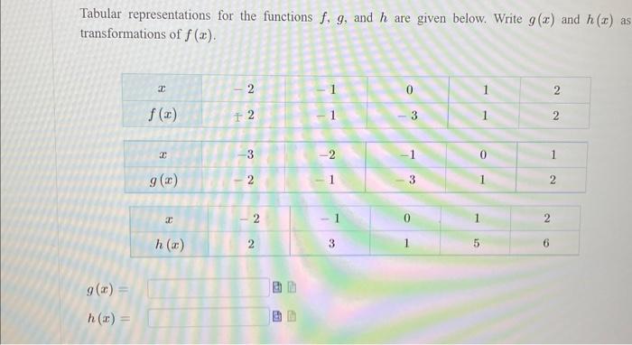Solved Tabular representations for the functions f,g, and h | Chegg.com Solved Tabular representations for the functions f,g, and h | Chegg.com