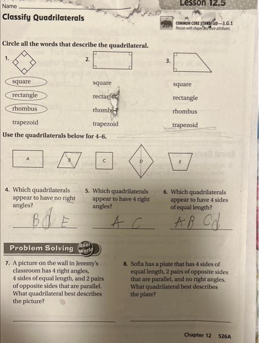 Solved Classify Quadrilaterals COUMON CORESTANO/ND- −3.G.1 | Chegg.com