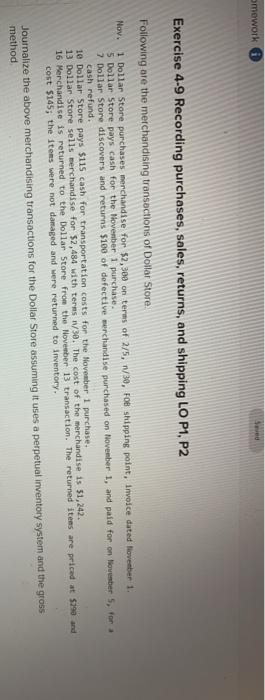 Solved omework Exercise 4-9 Recording purchases, sales, | Chegg.com