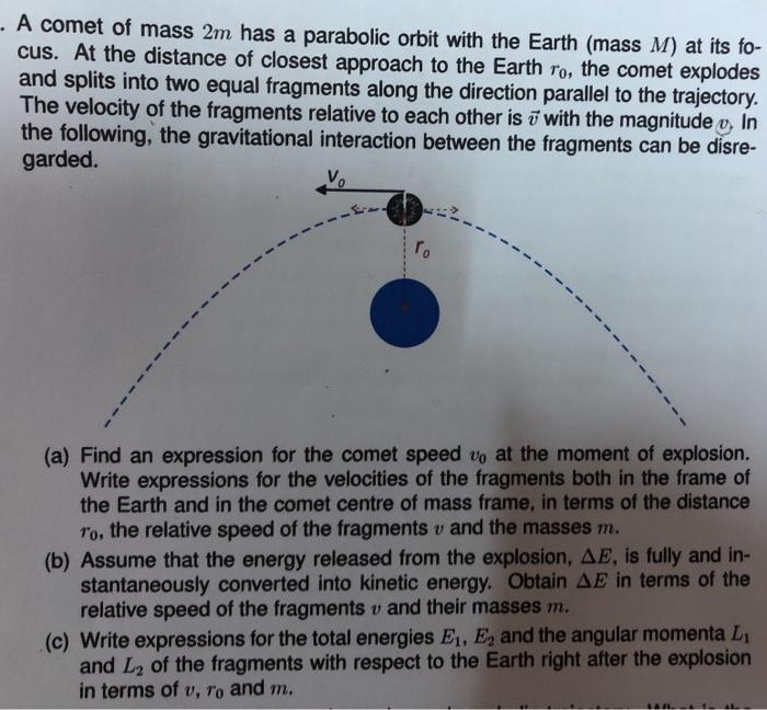 Solved - A comet of mass 2m has a parabolic orbit with the | Chegg.com