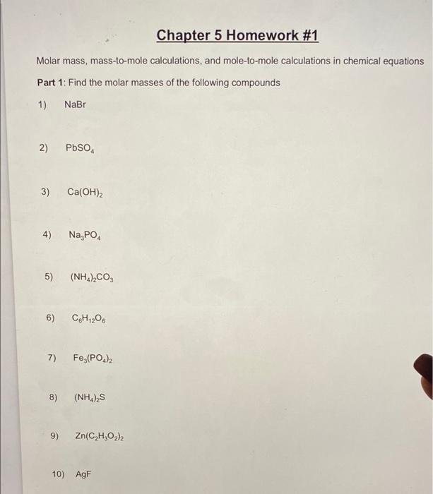 Solved Chapter 5 Homework #1 Molar mass, mass-to-mole | Chegg.com