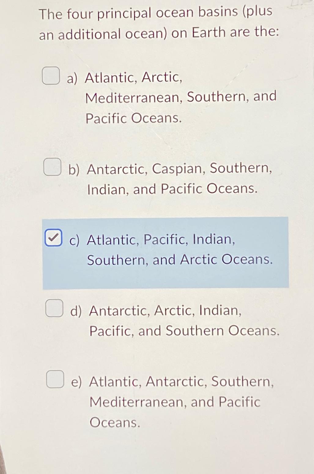 Solved The four principal ocean basins (plus an additional | Chegg.com