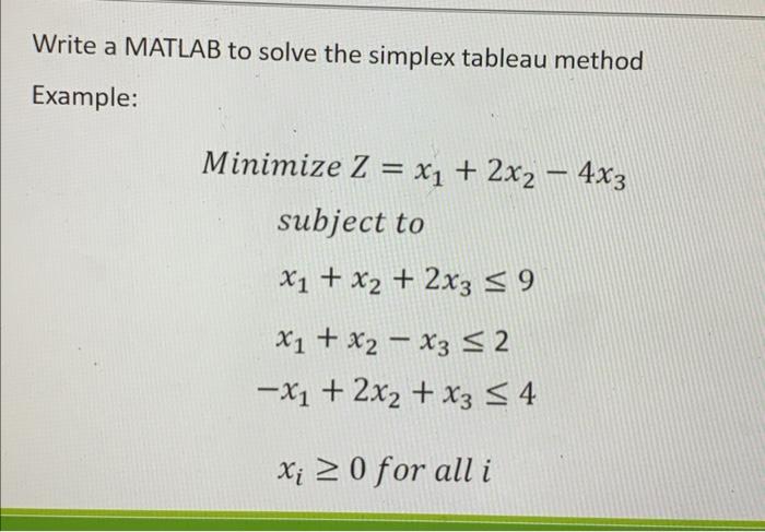Solved Write a MATLAB to solve the simplex tableau method | Chegg.com