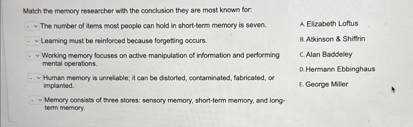 Solved Match the memory researcher with the conclusion they | Chegg.com
