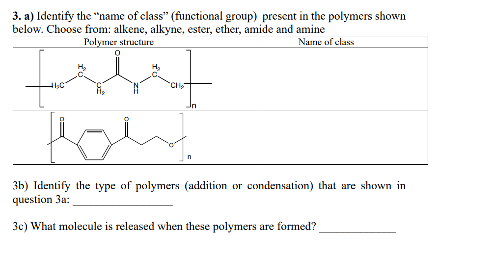 Solved a) ﻿Identify the "name of class" (functional group) | Chegg.com