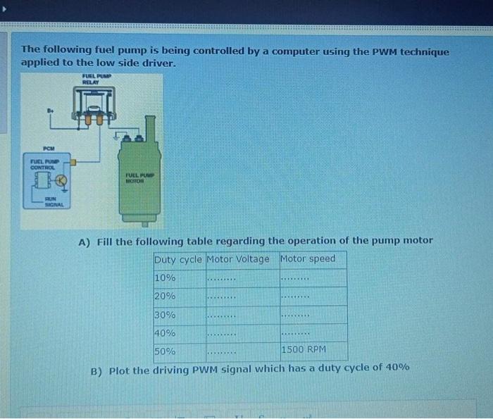 Solved The following fuel pump is being controlled by a | Chegg.com