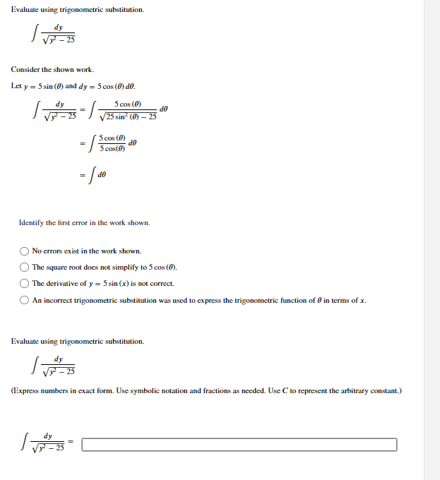 Solved Evaluate using trigonometric | Chegg.com