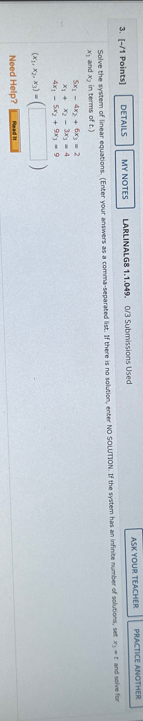 Solved [-/1 ﻿Points]LARLINALG8 1.1.049. ﻿O/3 ﻿Submissions | Chegg.com