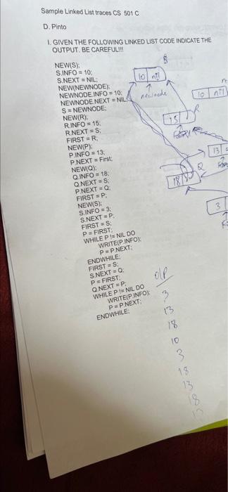 Solved Sample Linked List traces CS 501 C D. Pinto 1. GIVEN | Chegg.com