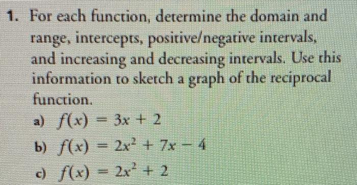Solved 1. For each function, determine the domain and range, | Chegg.com