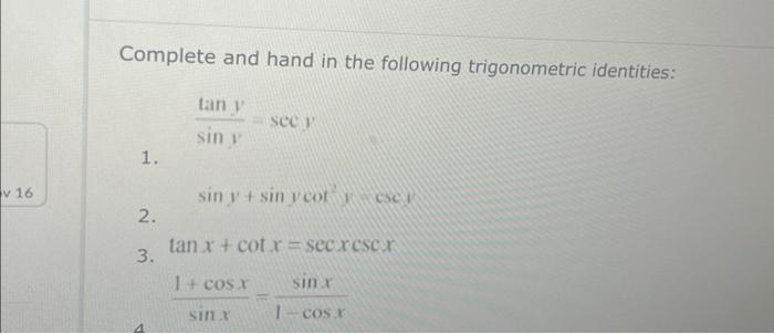 Solved Complete and hand in the following trigonometric | Chegg.com