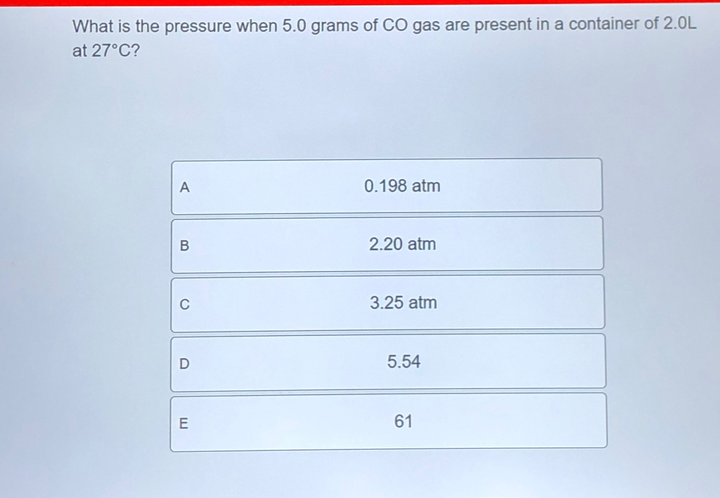 Solved What is the pressure when 5.0 ﻿grams of CO ﻿gas are | Chegg.com
