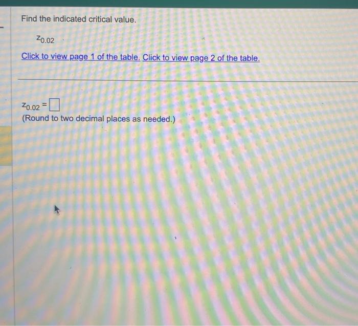 Solved Find the indicated critical value. z0.02 Click to | Chegg.com