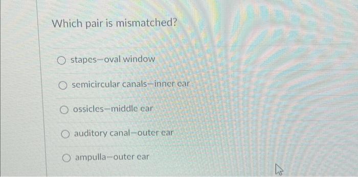 Solved Which pair is mismatched? stapes-oval window | Chegg.com