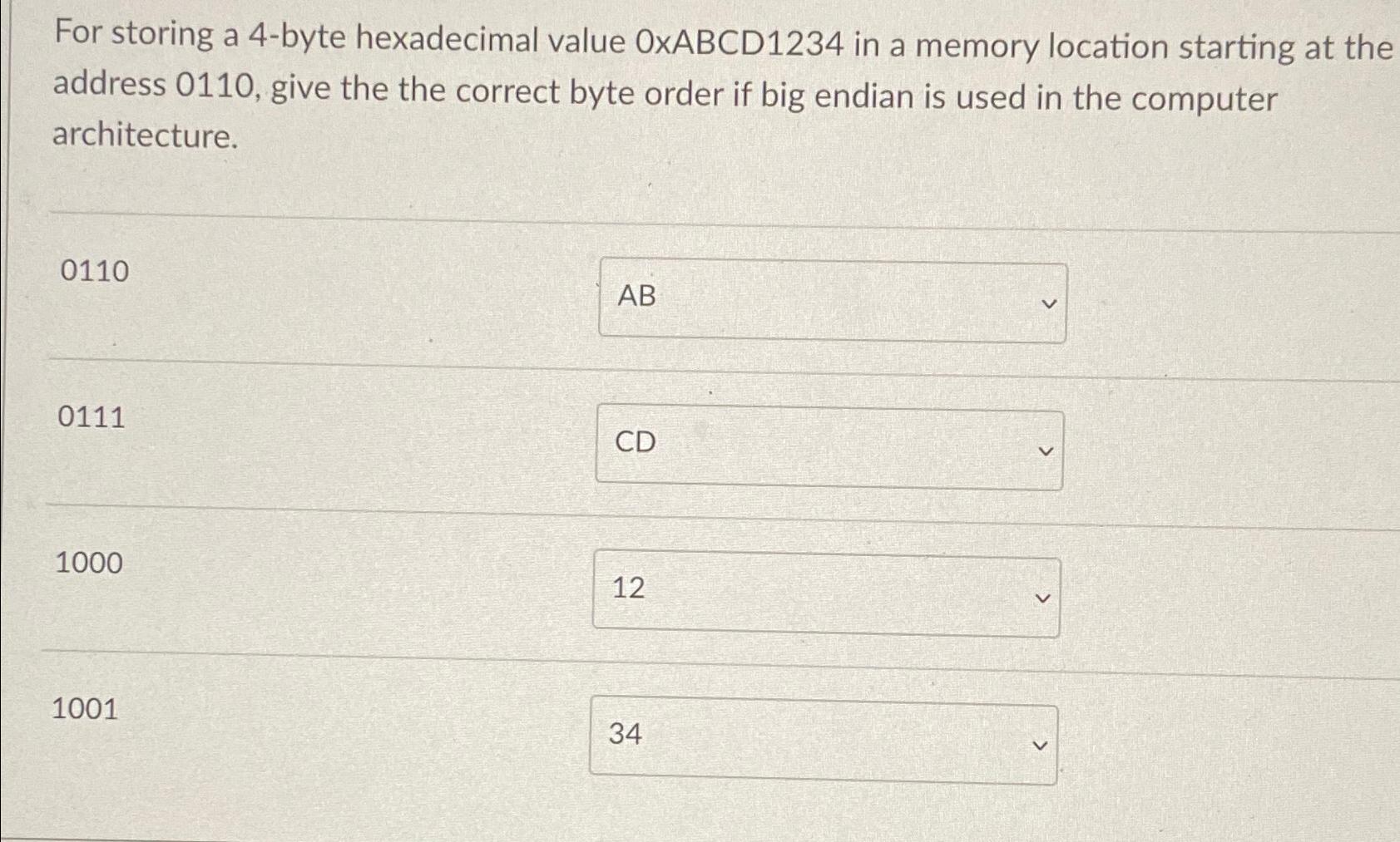 Solved For storing a 4-byte hexadecimal value 0xABCD1234 ﻿in | Chegg.com