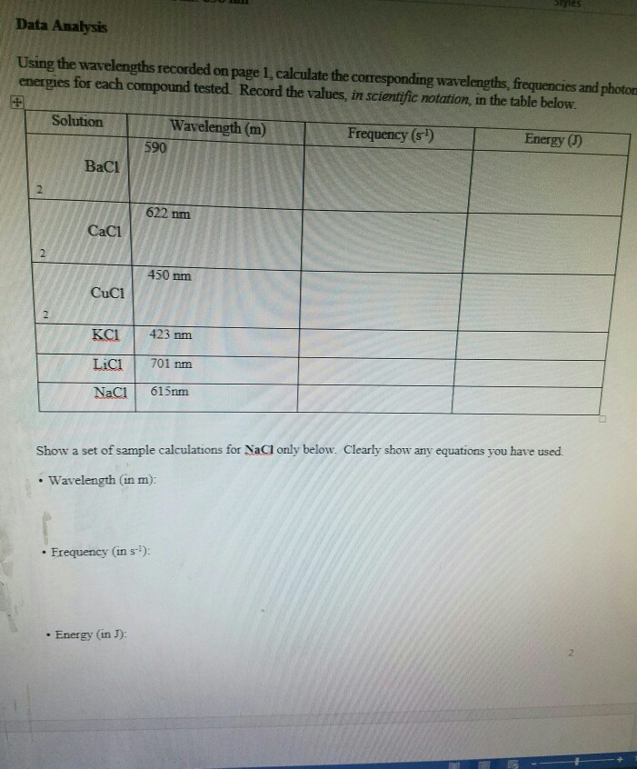 Solved styles Data Analysis Using the wavelengths recorded | Chegg.com