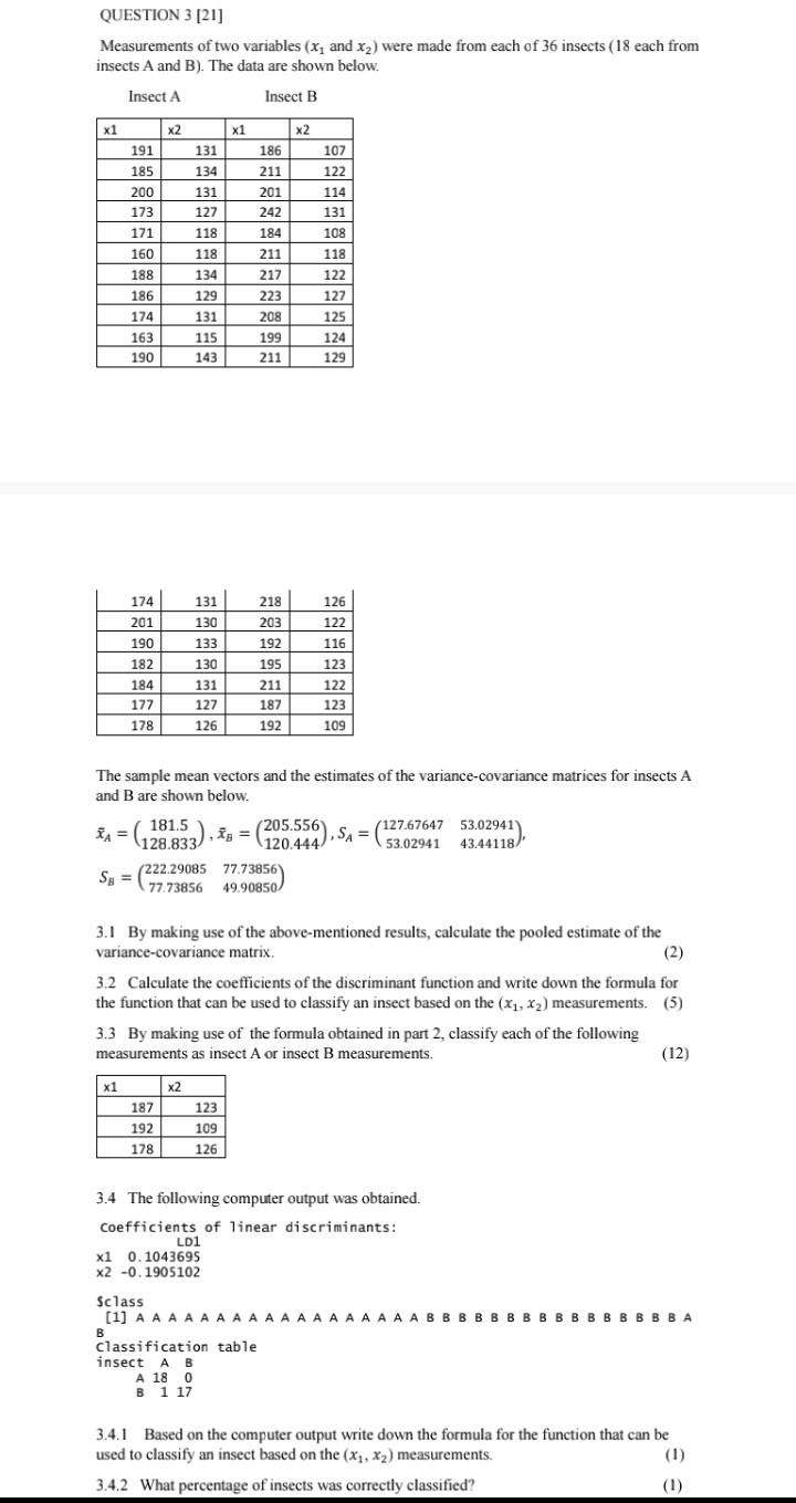 Solved QUESTION 3[21] Measurements of two variables (x1 and | Chegg.com