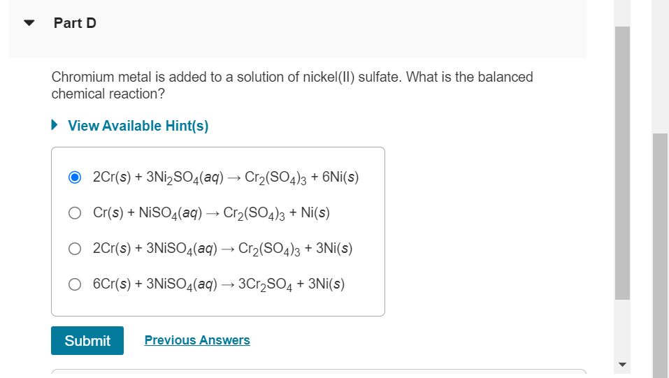 Solved Part DChromium metal is added to a solution of | Chegg.com